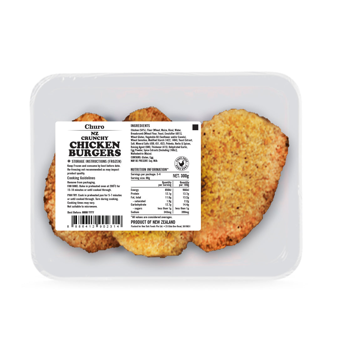 Churo | NZ Crunchy Chicken Burgers | 300g – Hen Tick Foods